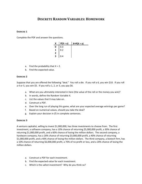 DISCRETE RANDOM VARIABLES: HOMEWORK