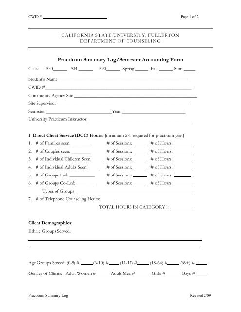 Practicum Summary Log/Semester Accounting Form