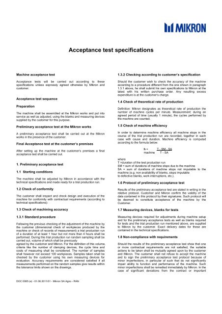 Acceptance test specifications
