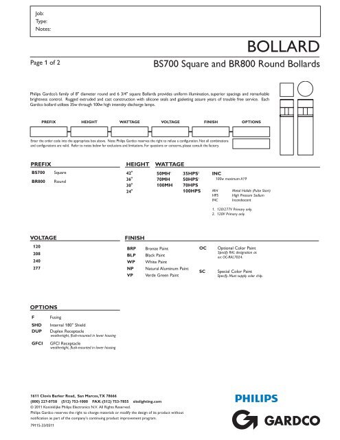 Gardco Bollard - BS700 Square and BR800 ... - Gardco Lighting