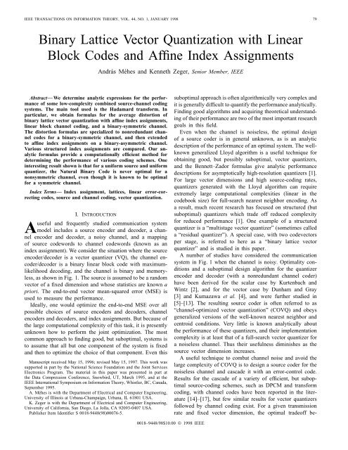 Binary Lattice Vector Quantization With Linear Block Codes And