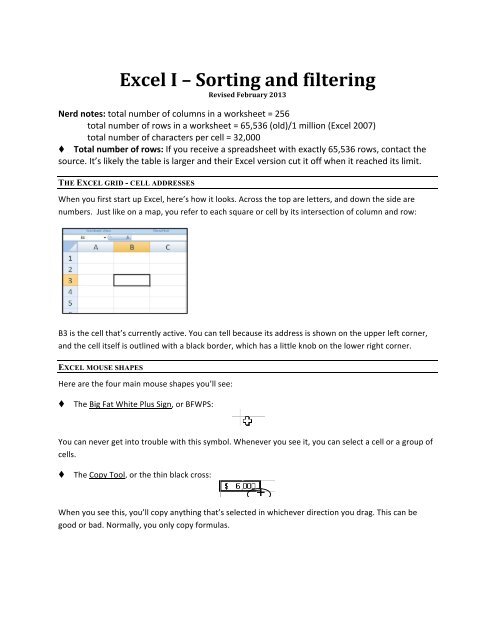 Excel I ? Sorting and filtering