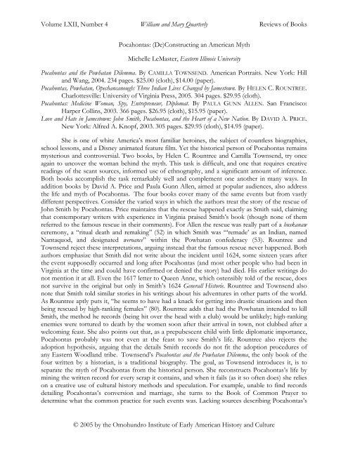 a review essay of Townsend, Pocahontas and the Powhatan Dilemma