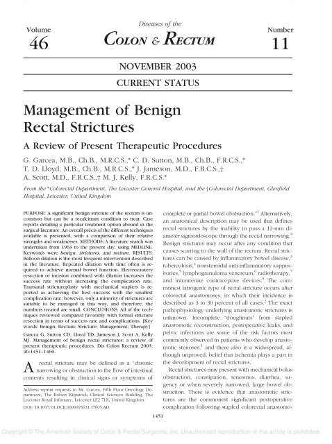 Management of Benign Rectal Strictures - Surgery