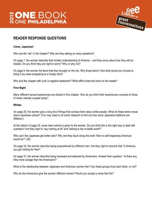 READER RESPONSE QUESTIONS - Free Library of Philadelphia
