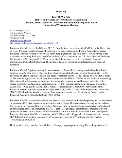 Biography Terry D. Warfield Robert and Monica Beyer Professor of ...