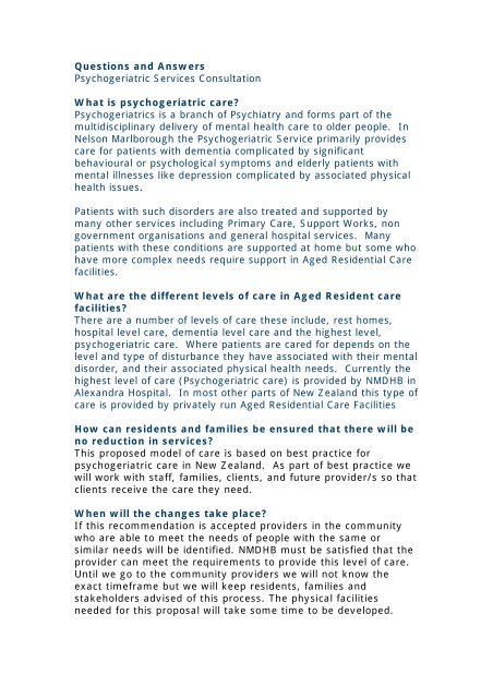 Questions and Answers - Nelson Marlborough District Health Board
