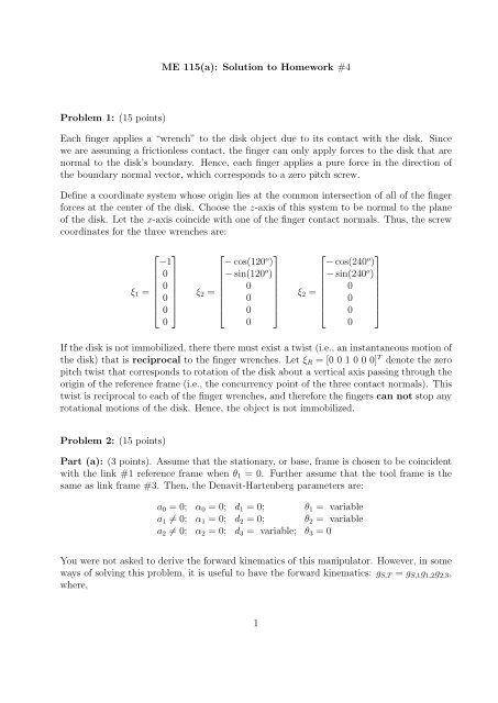 ME 115(a): Solution to Homework #4 Problem 1 ... - Caltech Robotics