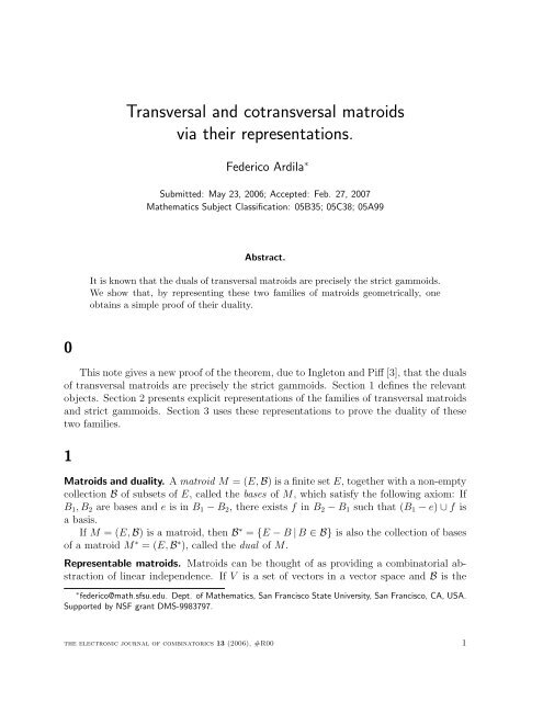 Transversal and cotransversal matroids via their representations.