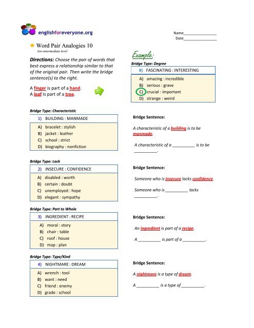 Word Pair Analogies 10 - English for Everyone