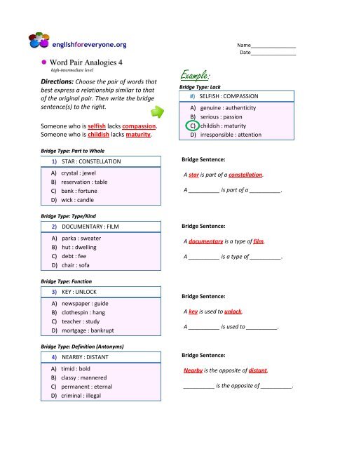 Word Pair Analogies 4 - English for Everyone