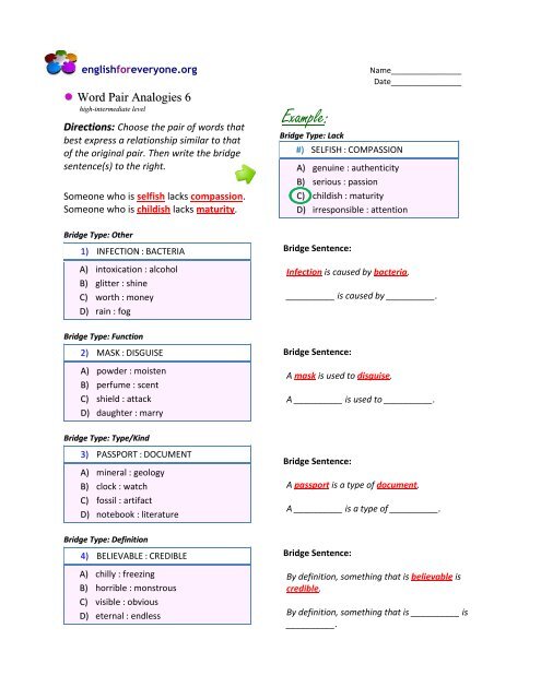 Word Pair Analogies 6 - English for Everyone