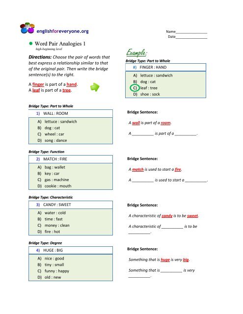 Word Pair Analogies 1 - English for Everyone