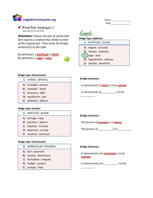 Word Pair Analogies 1 - English for Everyone