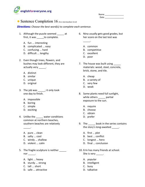 Sentence Completion 16 - English for Everyone