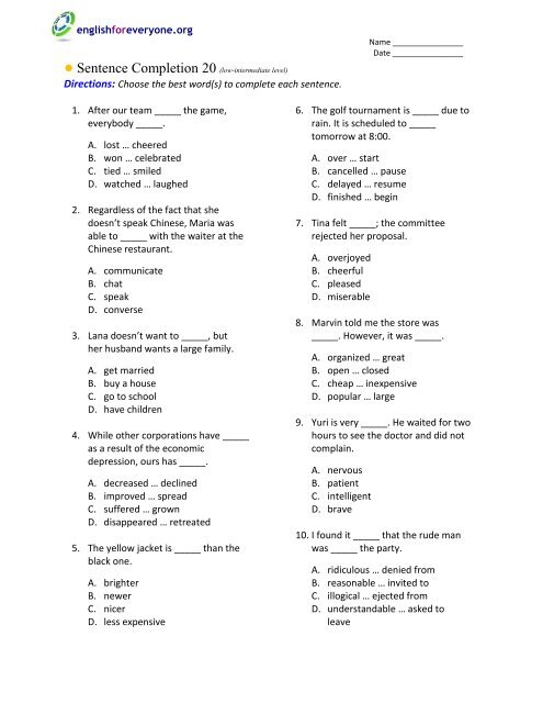 Sentence Completion 20 - English for Everyone