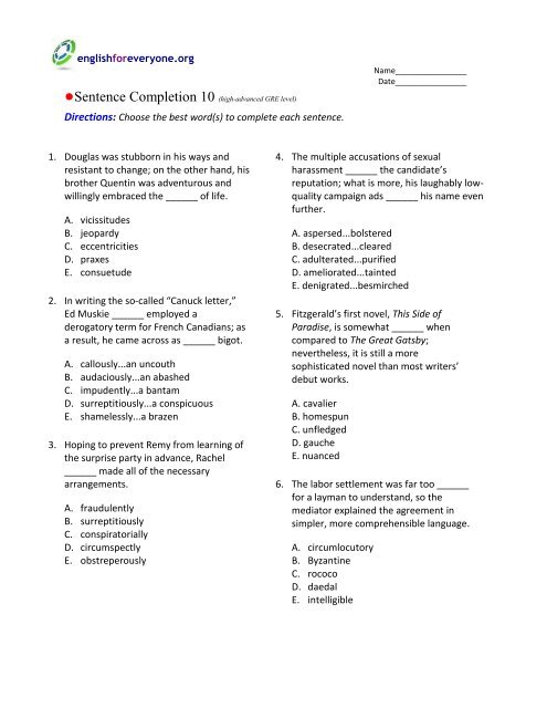 Sentence Completion 10 - English for Everyone