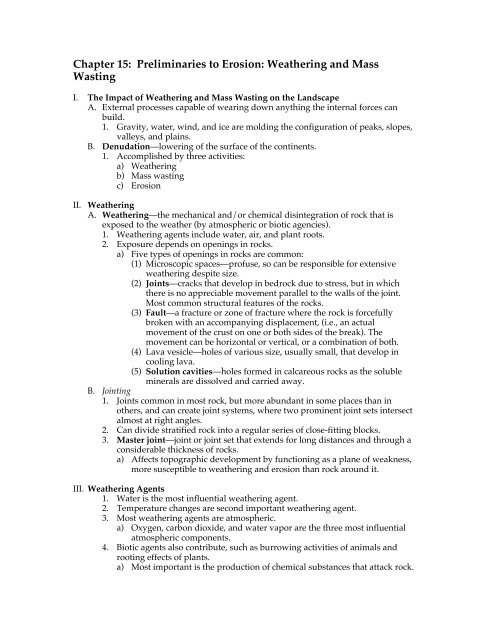 Chapter 15: Preliminaries to Erosion: Weathering and Mass Wasting
