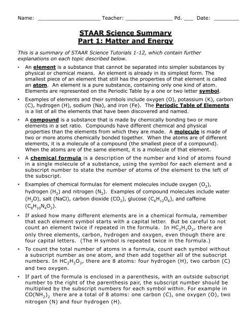 STAAR Science Summary Part 1: Matter and Energy