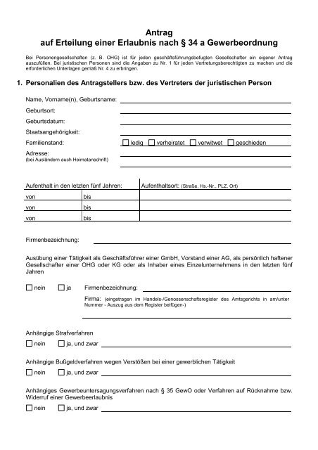 Antrag auf Erteilung einer Erlaubnis nach § 34 a Gewerbeordnung
