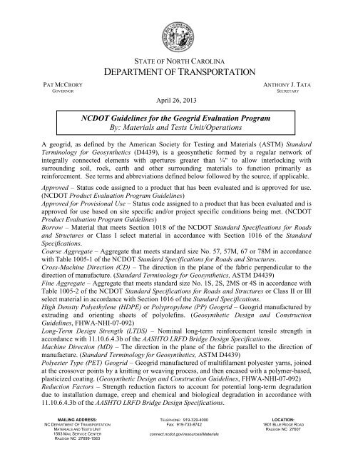 NCDOT Geogrid Evaluation Program Guidelines - Connect NCDOT ...