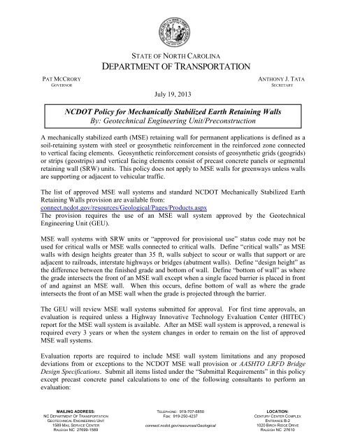 NCDOT MSE Wall Policy - Connect NCDOT - North Carolina ...