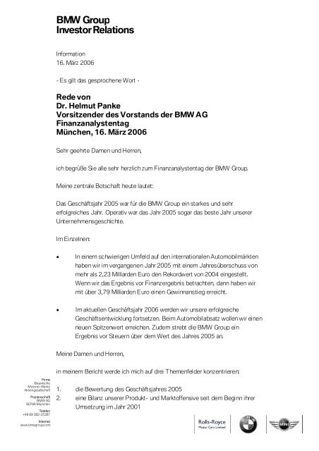 Bayerische Motoren Werke Investor Relations