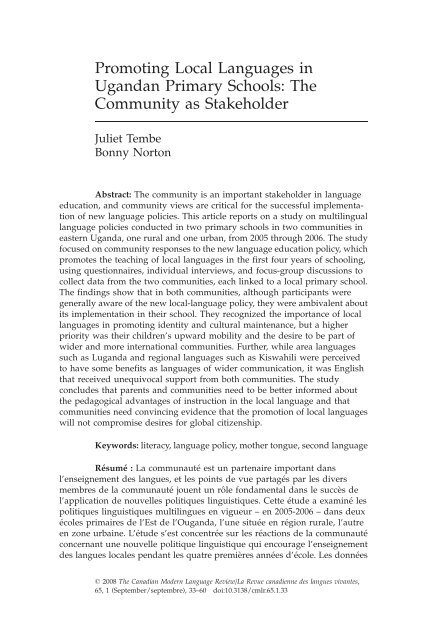 Promoting Local Languages in Ugandan Primary Schools: The ...
