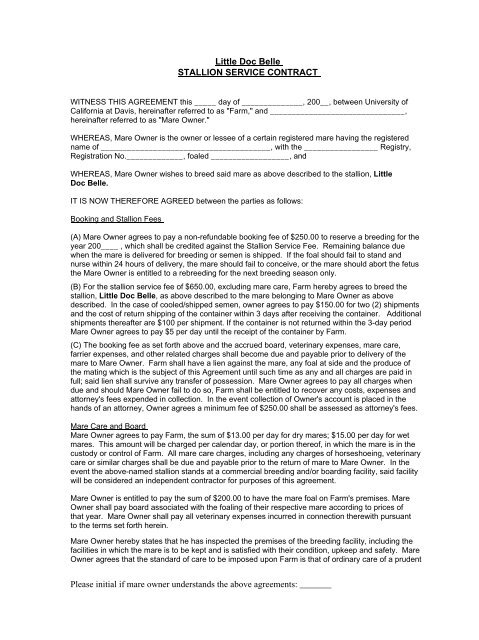 Little Doc Belle STALLION SERVICE CONTRACT Please initial if ...