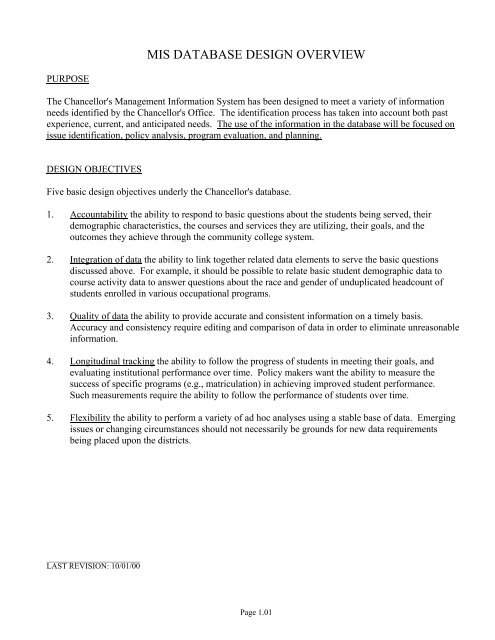 MIS DATABASE DESIGN OVERVIEW