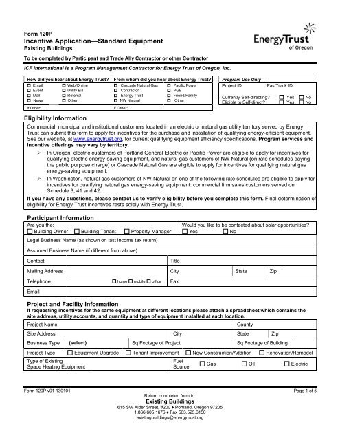 Incentive Application—Standard Equipment - Energy Trust of Oregon