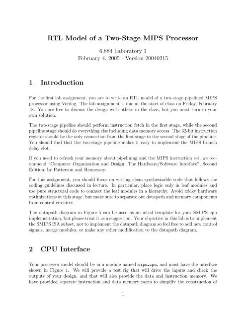 RTL Model of a Two-Stage MIPS Processor 1 Introduction 2 CPU ...