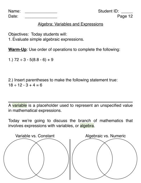guided notes - (4) algebra - variables and expressions