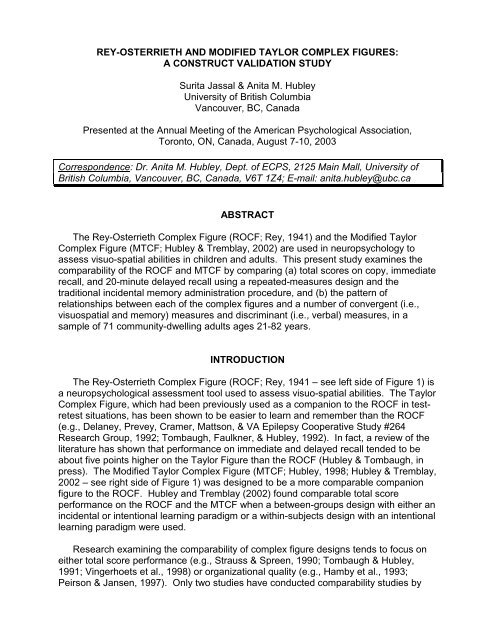 Rey-Osterrieth and Modified Taylor Complex Figures - University of ...
