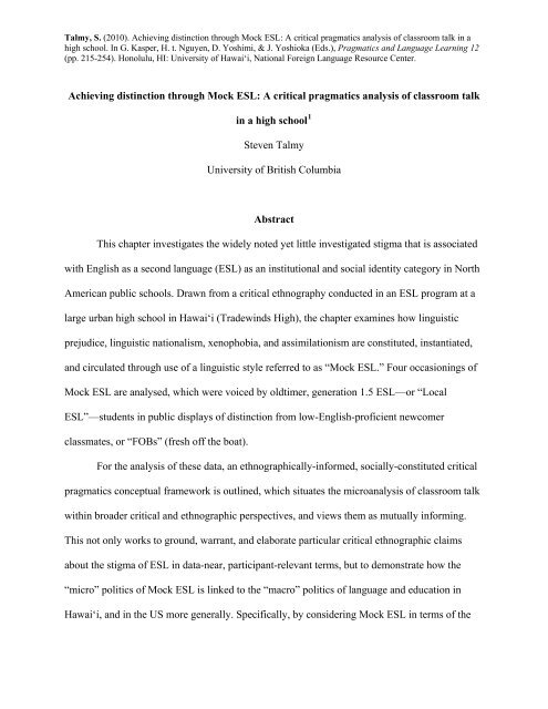 Achieving distinction through Mock ESL - University of British ...