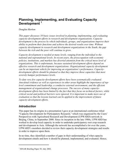 Planning, Implementing, and Evaluating Capacity Development 1