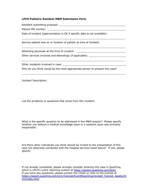 M&M Submission Form - Pediatrics House Staff