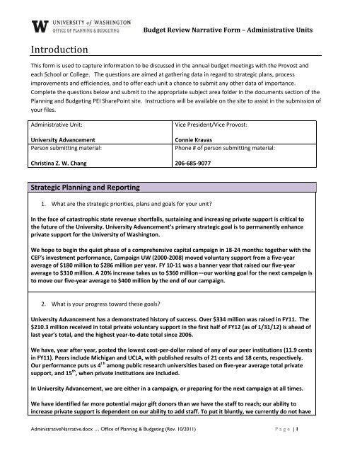 Advancement, UW (Narrative) - Office of Planning & Budgeting (OPB ...