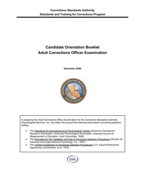 Candidate Orientation Booklet Adult Corrections Officer Examination
