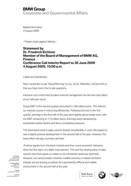 Statement by Dr. Friedrich Eichiner - BMW Group
