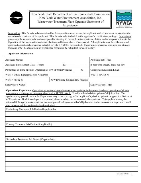 Statement of Experience - NYWEA