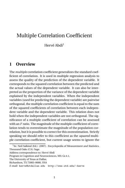 Multiple Correlation Coefficient - The University of Texas at Dallas