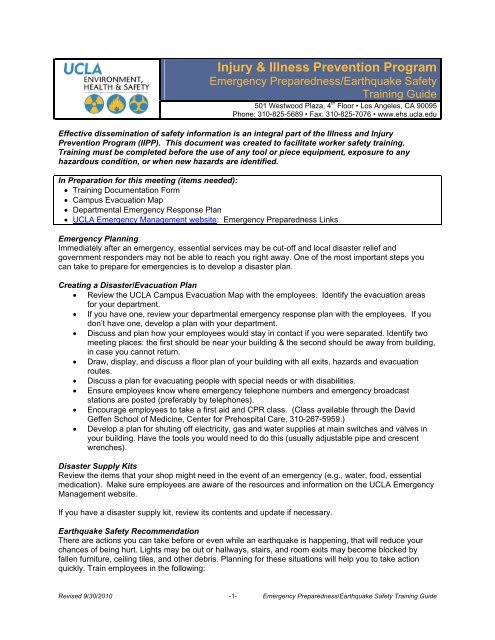 Emergency Preparedness/Earthquake Safety Training Guide
