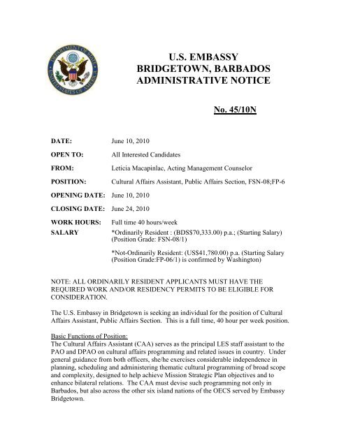 us embassy bridgetown, barbados administrative notice