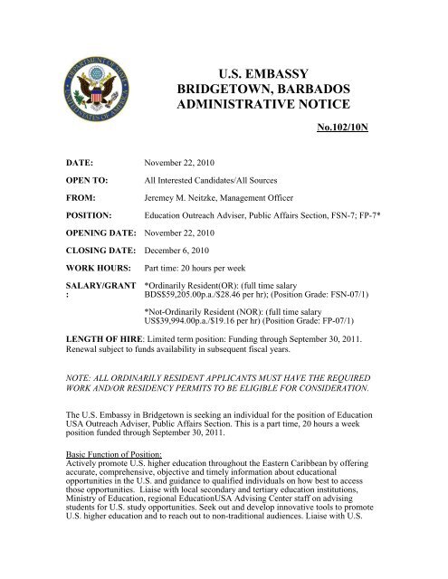 us embassy bridgetown, barbados administrative notice