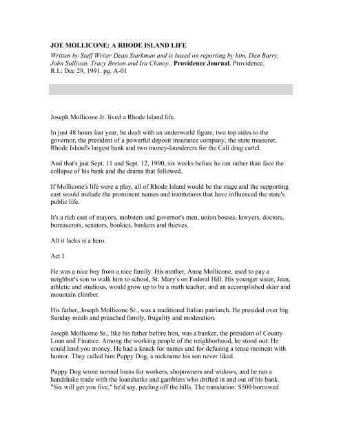 JOE MOLLICONE: A RHODE ISLAND LIFE Written ... - Dean Starkman