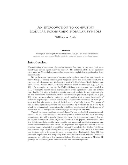 An Introduction To Computing Modular Forms Using William Stein