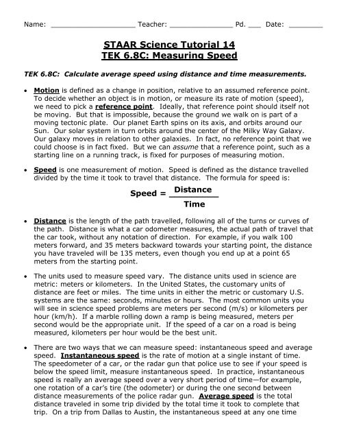 STAAR Science Tutorial 14 TEK 6.8C: Measuring Speed