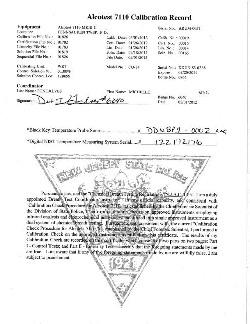 Alcotest 7110 Calibration Record - Pennsauken
