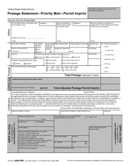 Postage Statement—Priority Mail—Permit Imprint - USPS.com ...